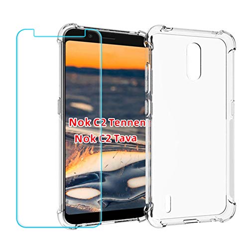 Ytaland Case for Nokia C2 Tava, C2 Tennen (2020),with Tempered Glass Screen Protector. Crystal Clear Soft Silicone Shockproof TPU Transparent Bumper Protective Phone Case Cover