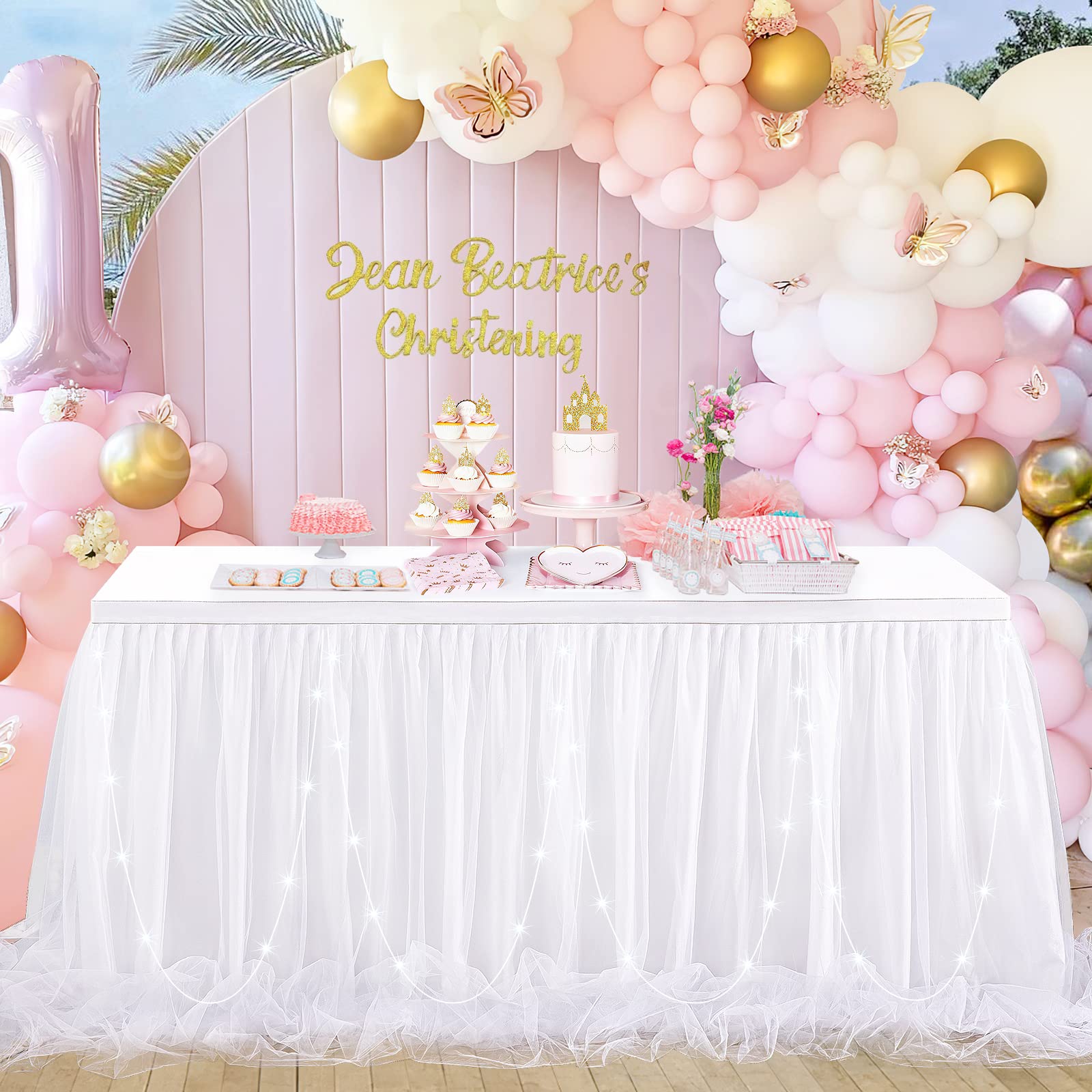 Tulle Table Skirt for Rectangle or Round Tables with LED Lights 9ft White Tutu Table Skirt for Wedding Bridal Shower Birthday Party Decorations