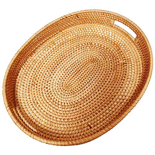 Oval Rattan X-Large Severing Tray for Fruit,Breakfast, Drinks,Food Storage Platters Plate Snack for Coffee Table, 17” Wicker Woven Serving Basket Ottoman Tray with Handles and 2.5”High Wall(XXL-43cm)