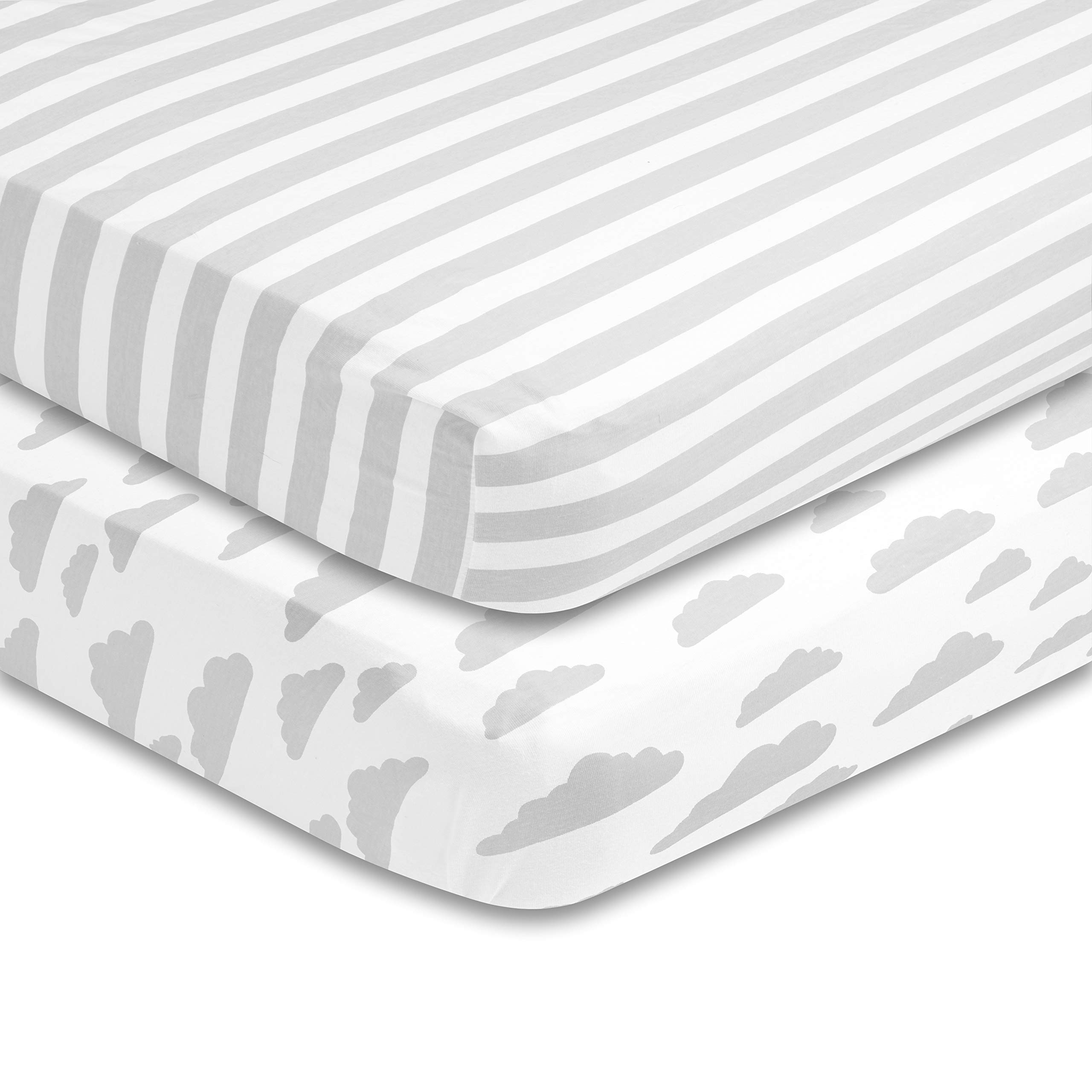 BaeBae Goods Premium Crib Sheets for Baby Boys and Girls, 3 Pack, Soft and Breathable Jersey Cotton Fitted Sheet Set, Grey and White, Cute Gender Neutral Nursery Mattress Bedding, Universal Fit
