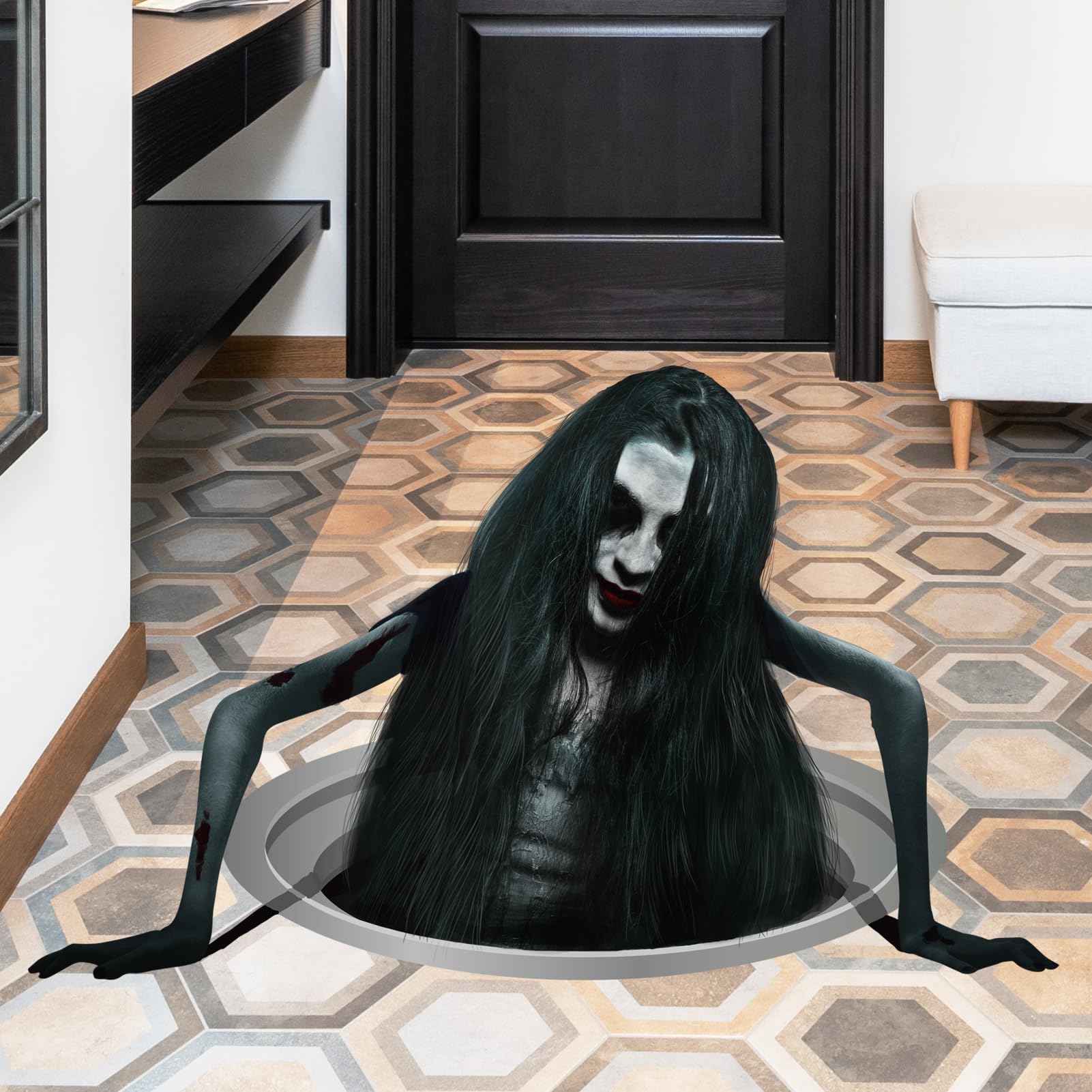 23.2×15.7 Inches 3D Halloween Floor Wall Decals Horror Women Scratching Floor Stickers Removable Halloween Decor Murals Spooky Halloween Floor Stickers for Home Office Party Decors