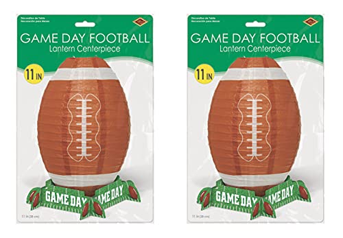 Beistle 2 Piece Football Paper Lanterns Table Centerpiece Decorations – Sports Theme Game Day Party Supplies, 11", Green/White/Brown
