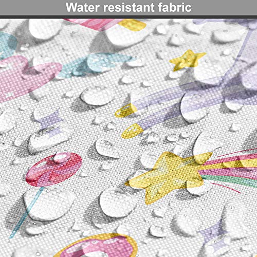 Ambesonne Rainbow Fabric by The Yard, Repetitive Unicorn Pegasus with Funny Cartoon Items, Decorative Fabric for Upholstery and Home Accents, 1 Yard, Lilac Yellow