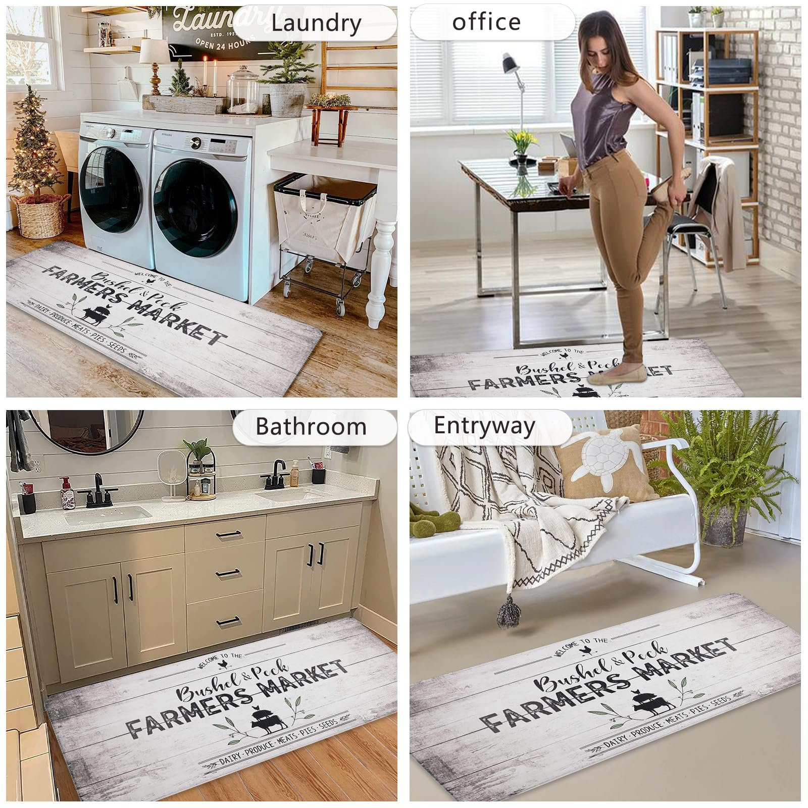 Falflor Farmhouse Anti Fatigue Kitchen Rug and Mats 2 Pieces PVC Leather Heavy Duty Standing Mats for Kitchen Sink Office Standing Desk Rug Wipe Clean
