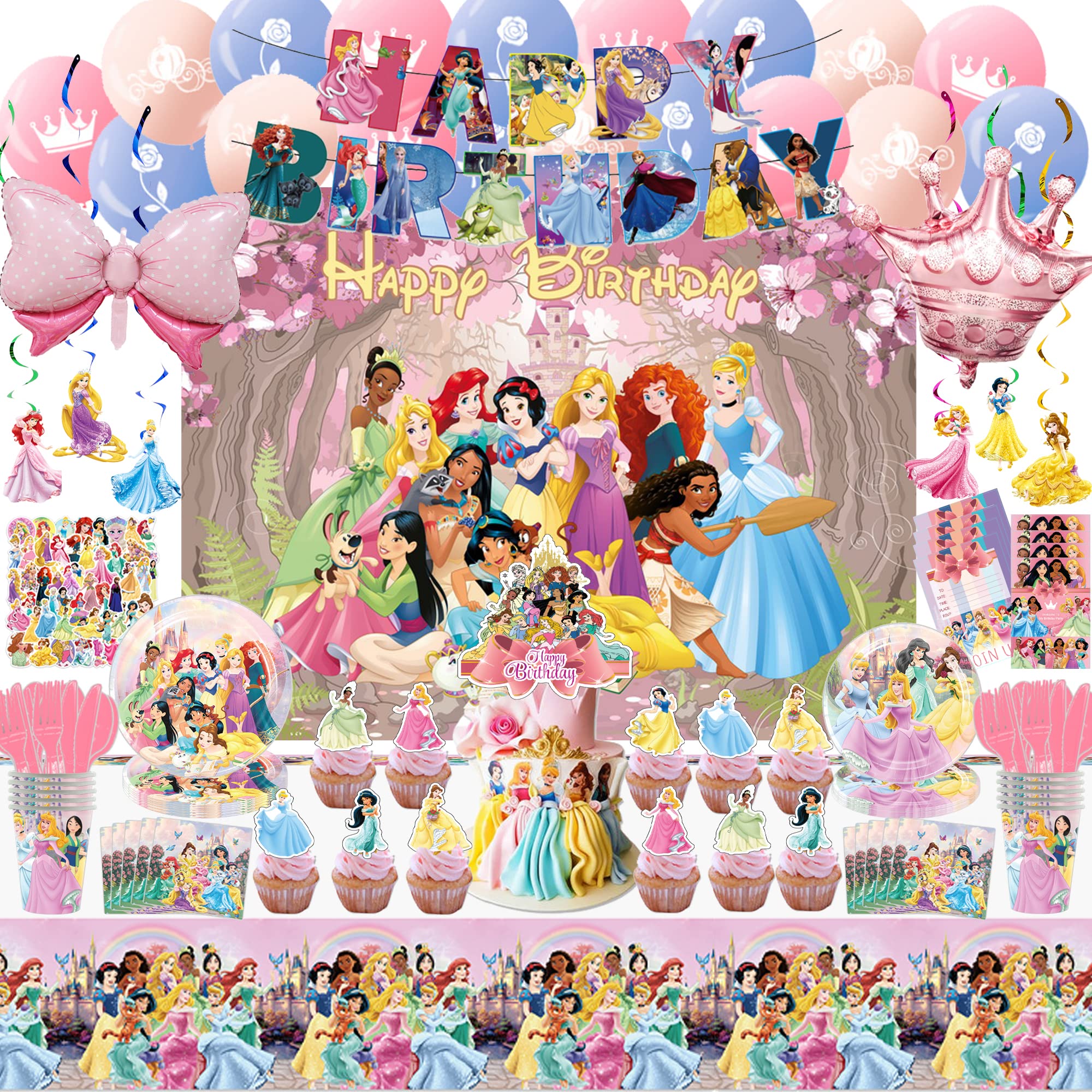 162pcs Princess Birthday Decoration For Girls,With Balloon,Cake Toppers, Pennants ,Invitation letter,Stickers, Plastic Swirls, Tableware,Paper Cup,Tablecloth, Backdrop For Girls Theme Party
