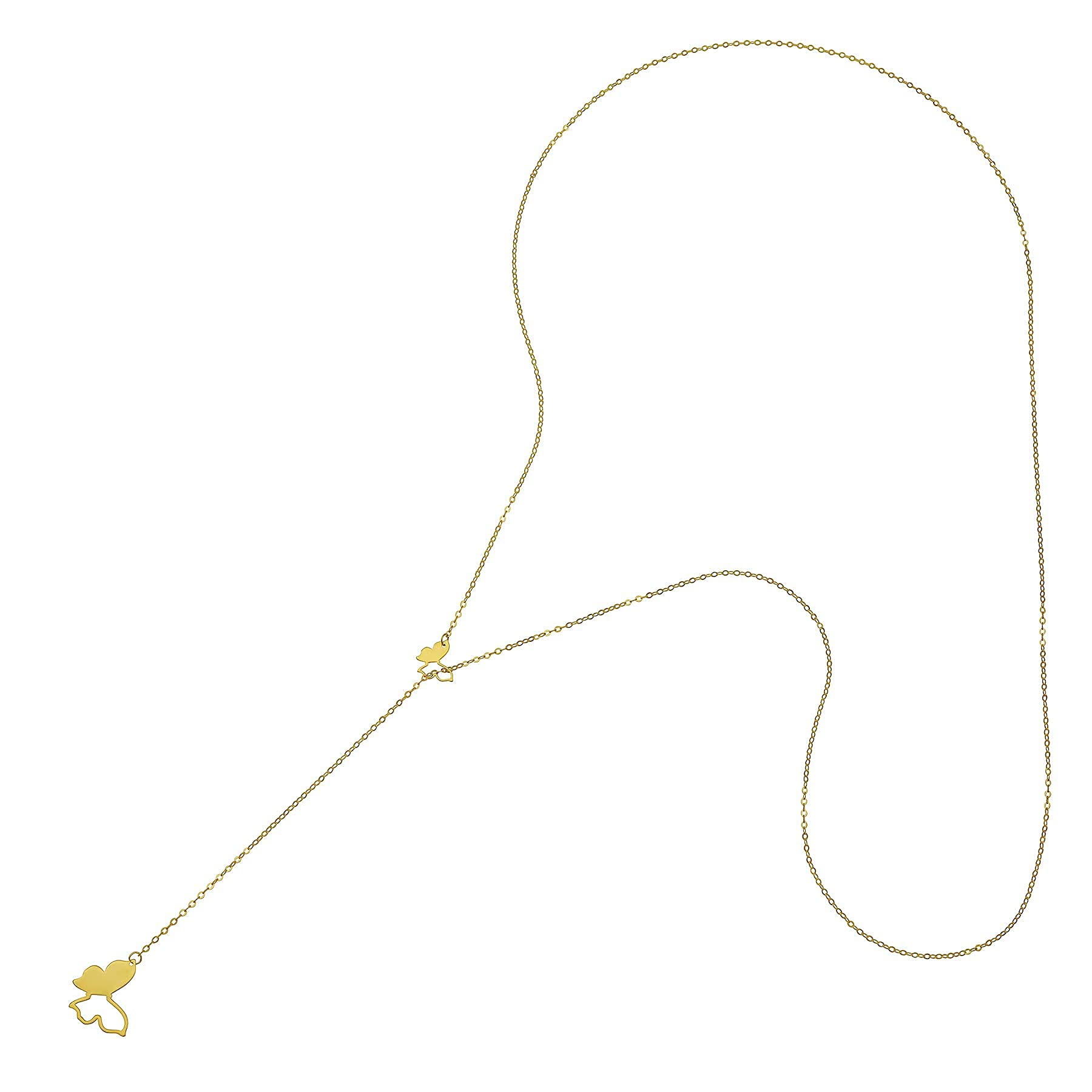14k Italian Solid Yellow Gold Lariat Y Drop Sliding Pendant Butterflies Necklace, 28”