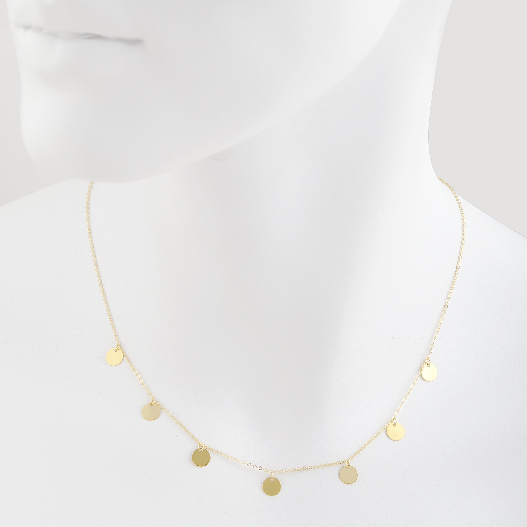 14k Italian Yellow Gold Dangling Mini Disc 7-Station Necklace, Adjustable 16" or 18"