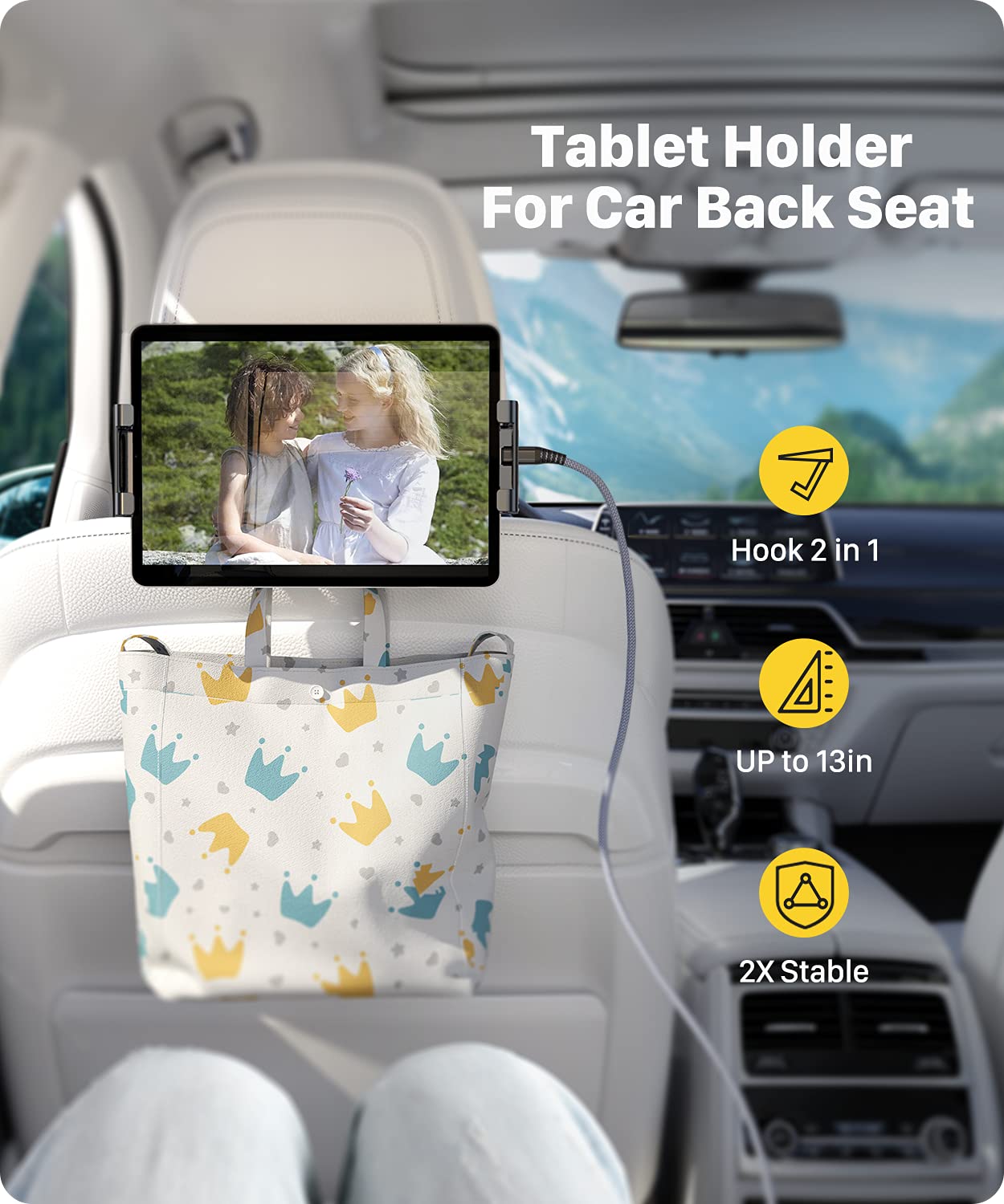 Bakel Portable Electronic Device Mount, Black, Compatible with iPhone, iPad, 6"-10" Tablets, 4.7"-8" Cell Phones, Fits Headrests 5.2in-5.7in Wide, Never Shakes, Hook 2 in 1
