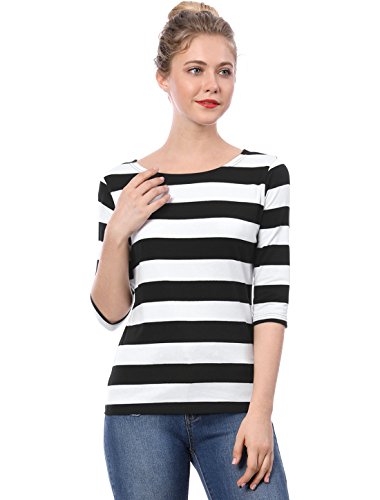 Allegra K Women's Halloween Elbow Sleeves T-Shirt Top Casual Basic Boat Neck Slim Fit Tee Medium Black White