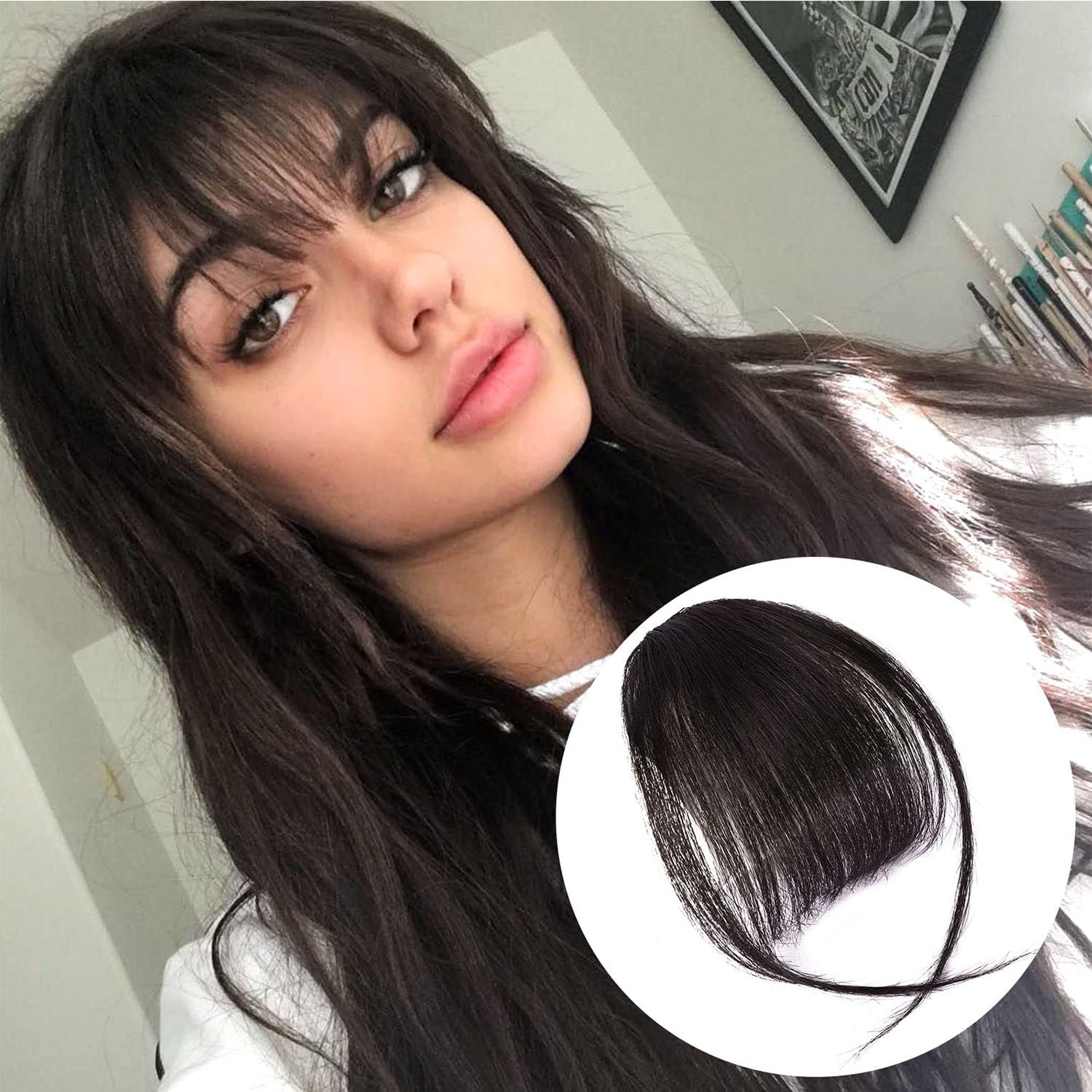 BOGSEA Clip in Bangs Human Hair Bngs Hair Clip on Wispy Bangs Fringe with Temples Hairpieces for Women Clip on Air Bangs Flat Neat Bangs Hair Extension for Daily Wear (Wispy Bangs, (Brown Black))