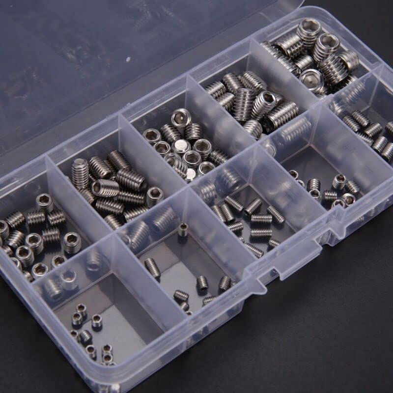 200Pcs Set Screws Assortment Kit, M3/ M4/ M5/ M6/ M8 Standard Allen Head Socket Hex Grub Screw, 304 Stainless Steel Metric Internal Hex Drive Set Screws