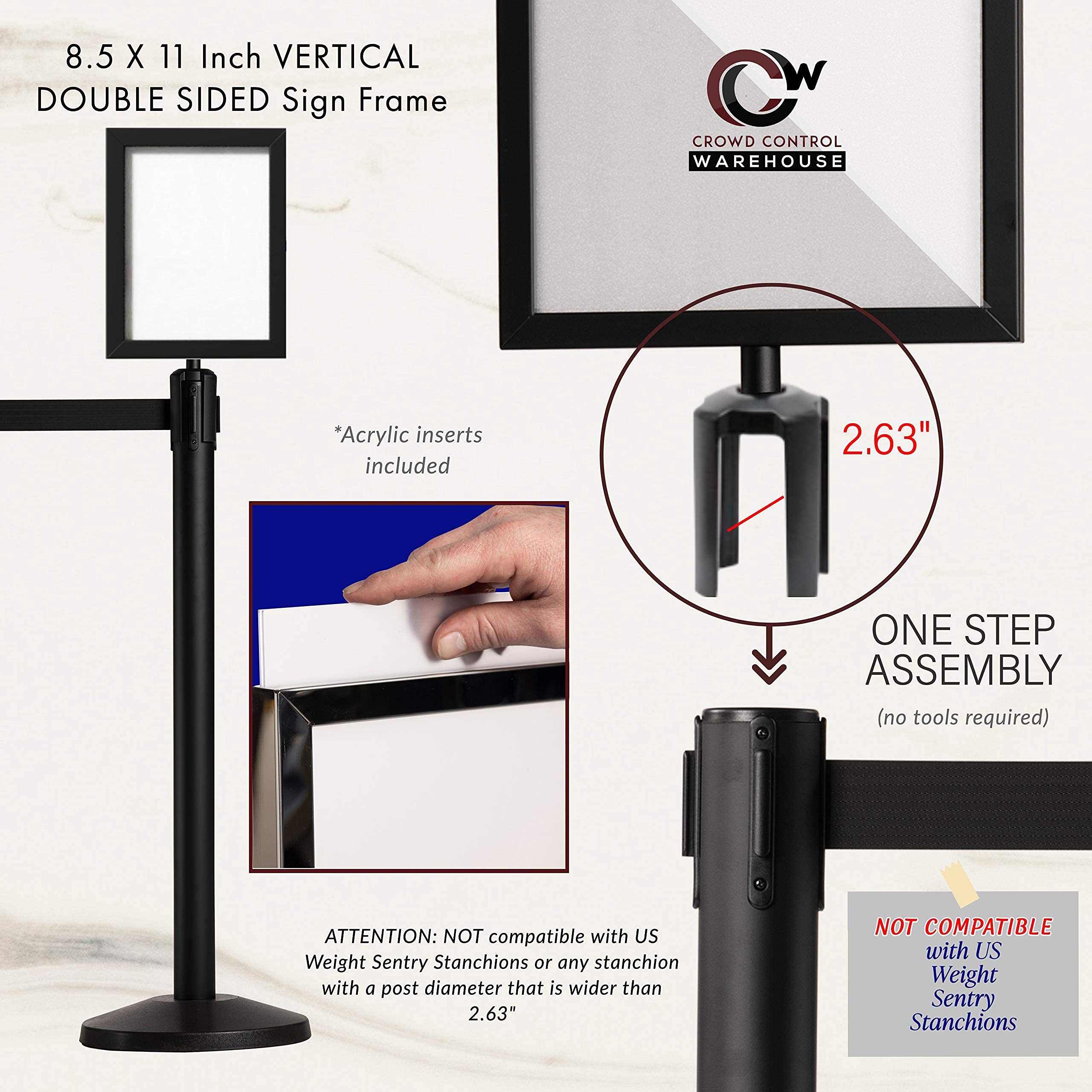 Crowd Control Warehouse Stanchion Post Top Sign Frame, 8.5 x 11 Inch Vertical Black Steel