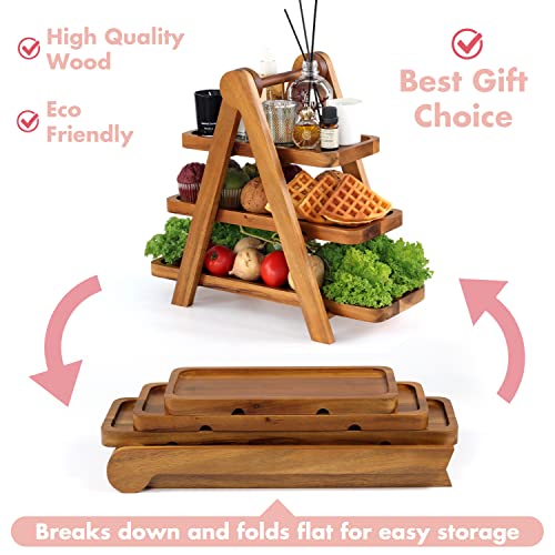 3 Tier Serving Tray Can Collapsible, Acacia Wooden Cupcake Stand Three Tiered, Tier Serving Stand with 3 Acacia Wooden Serving Platters for Entertaining, Rustic Wood Tray Vintage Party Buffet, Cupcake
