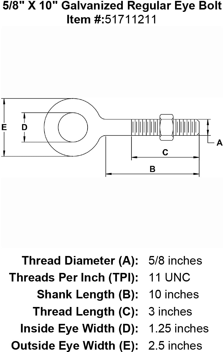 5/8" X 10" Galvanized Regular Eyebolt