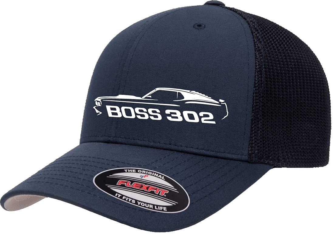 1970 Ford Boss 302 Mustang Classic Outline Design Flexfit 6511 Trucker Mesh Fitted Cap Navy