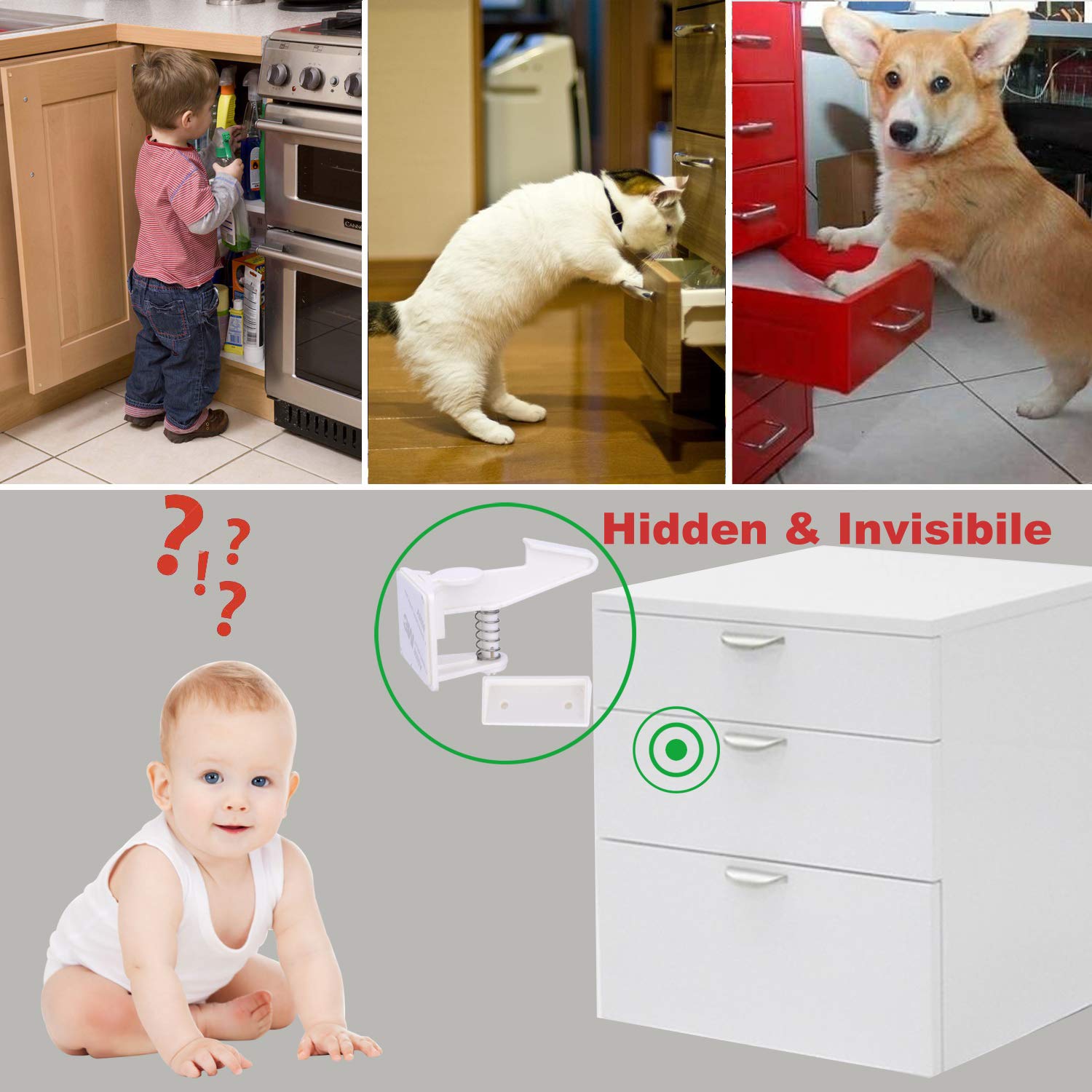 Cabinet Locks Child Safety Latches - OKEFAN 12 Pack Baby Proofing Cabinets Drawer Lock Adhesive Latch for Kids Proof Drawers No Drilling Tools Needed (White)