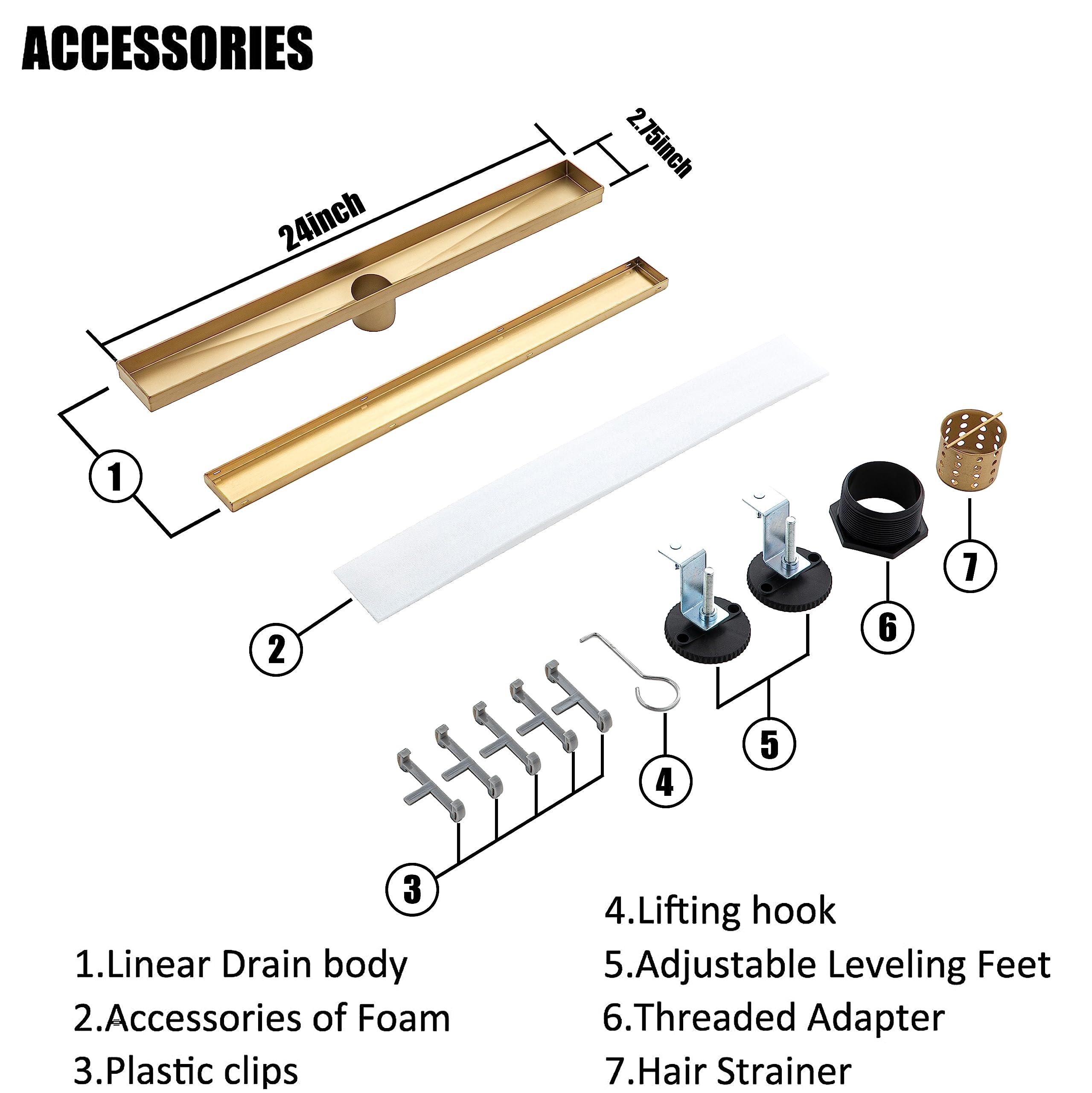 24 inch Linear Shower Drain with Removable Square Hole Panel by Using Brushed 304 Stainless Steel Process, Linear Drain Equipped with Adjustable Feet and Hair Strainer(Brushed Gold Color)