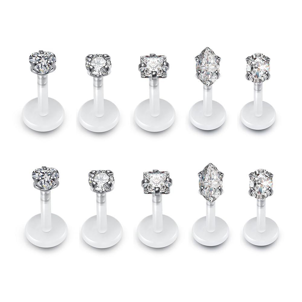 16G Clear Lip Rings Plastic Bioflex Labret Studs Cubic Zirconia Opal Cartilage Tragus Earrings Retainer for Work Monroe Medusa Helix Body Piercing Jewelry