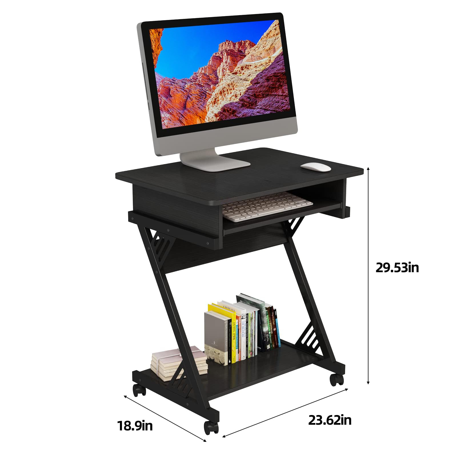 24 Inch Small Computer Desk, 30 Inch Tall Small Standing Desk with Wheels, Rolling Desk for Computer and Bedroom, Home Office Computer Desk, Mobile Computer Portable Laptop Cart with Shelves, Black