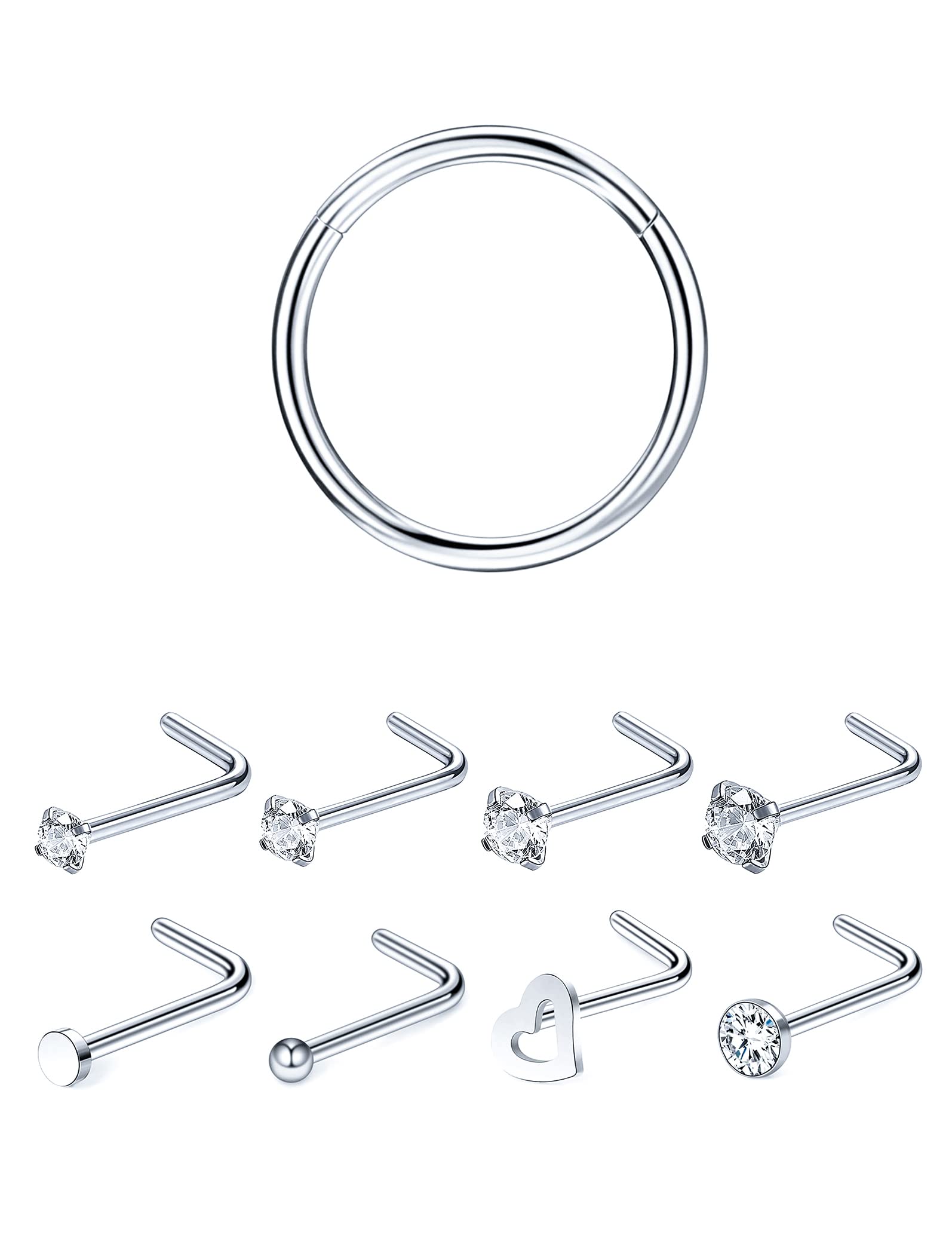 16G Nose Rings hoops L Shaped Nose studs for women Septum Rings 16g(silver, 10)
