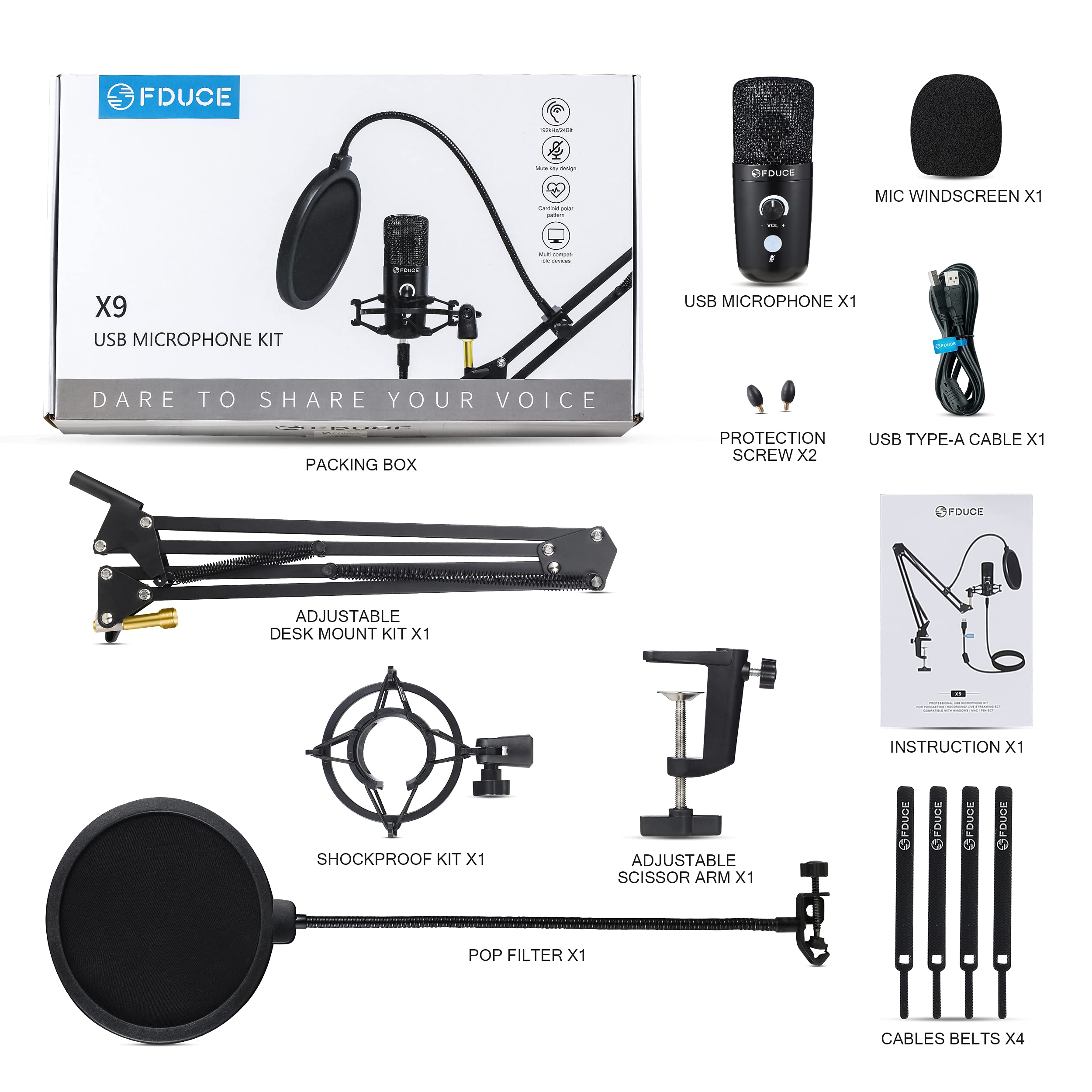 FDUCE USB Streaming Microphone Kit, Professional 192Khz/24bit Studio Mic with Arm Stand Advanced Chipset, PcMicrophone for Singing, Gaming, Podcast, Zoom, Online-Teaching, YouTube, X9