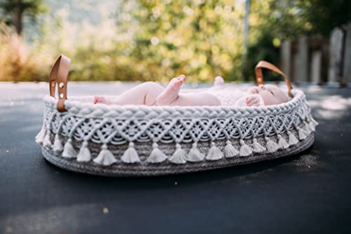 Aumterra Baby Changing Basket with Pad and Safety Straps - Luxury Macrame Design/Baby Moses Baskets/Boho Baby Decor/Baby Shower Gifts/Includes Diaper Caddy, Carry Bag and Waterproof Pad