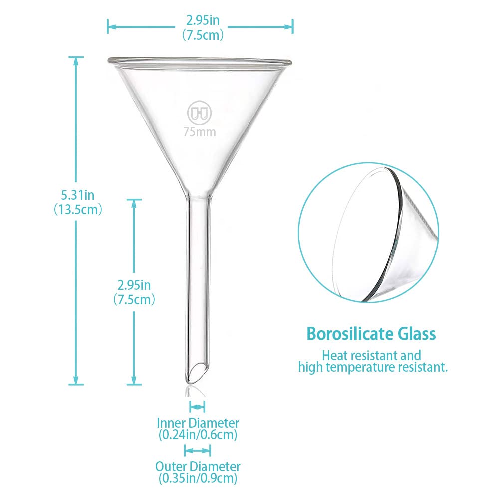 75mm Glass Funnel, Short Stem Borosilicate Glass Funnel for Science Labs and Home Kitchen Use, HUAOU, Pack of 1