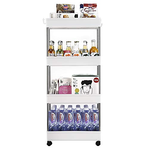 4 Tier Slim Storage Cart, Bathroom Storage Organizer Mobile Multi Functional Slim Storage Cart Rolling Utility Cart Tower Rack for Kitchen Bathroom Laundry Narrow Places