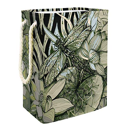 Toy Storage Basket Green Dragonfly Flower Laundry Basket with Durable Soft Handle Drawstring Waterproof Collapsible Washing Bin Dirty Clothes Storage 19.3x11.8x15.9 in