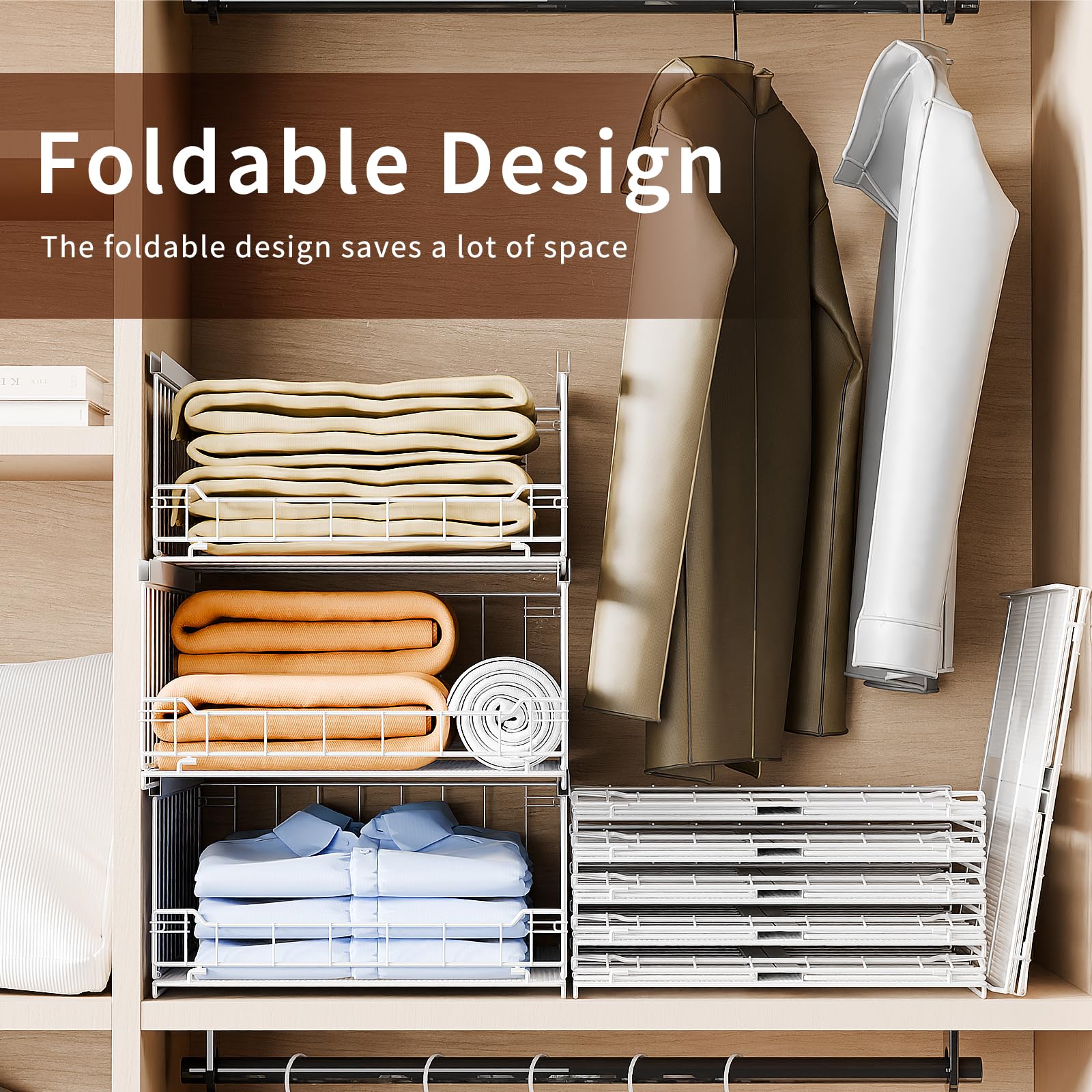 4- Tier Closet Storage Organizer Shelves, Stackable Closet Organizer Drawer, Sliding Closet Shelf Organizers and Storage, Metal Storage Bins for Jeans Pants Sweaters (White)
