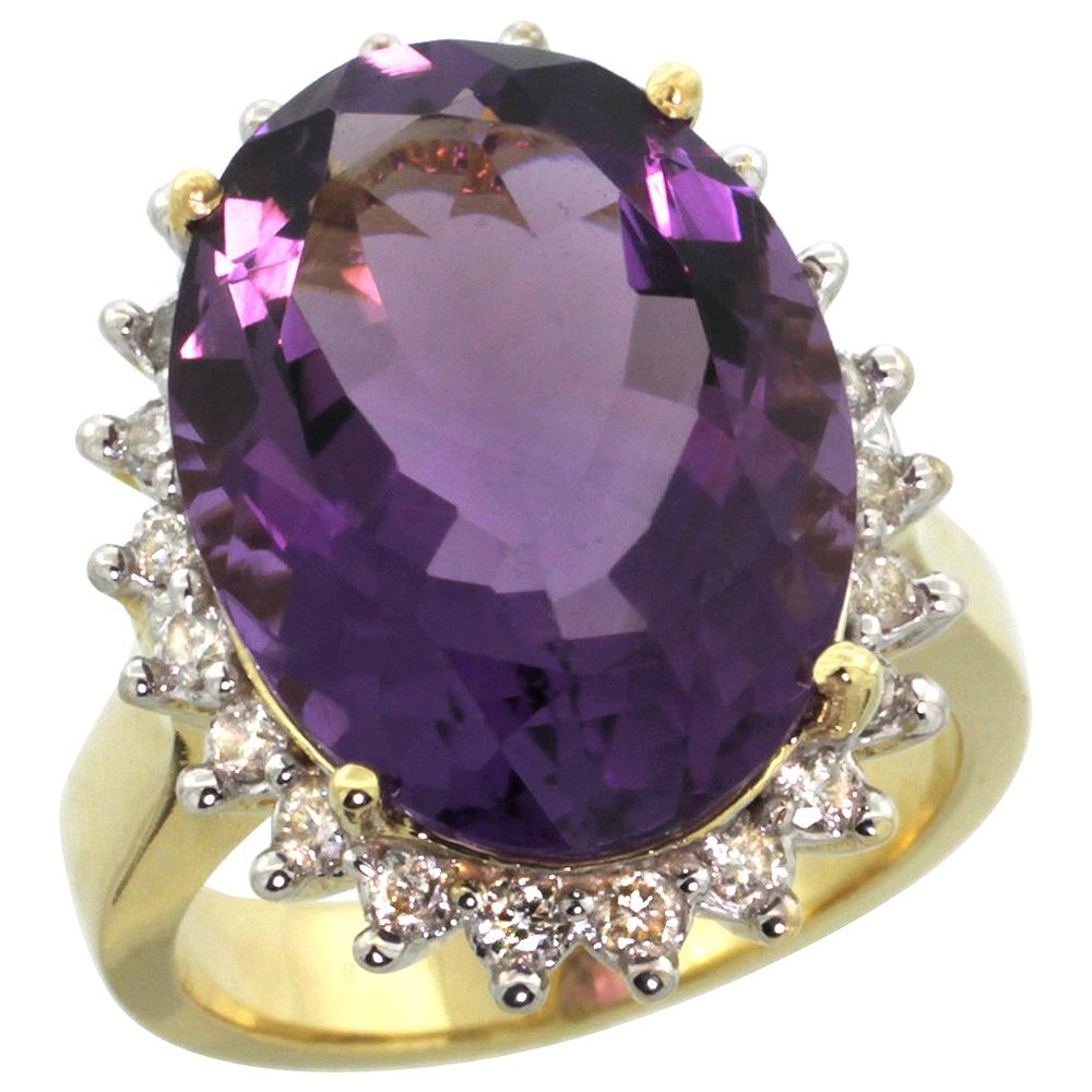 14K Yellow Gold Natural Amethyst Ring Large Oval 18x13mm Diamond Halo, size 8