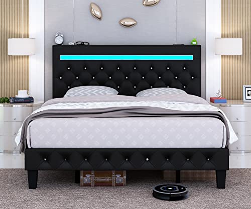 Benevika King Size Bed Frame with LED Light Leather Platform Bed Frame with Adjustable Upholstered Headboard, Over 60000 Colors, APP Control LED Lights, No Box Spring Needed, Black