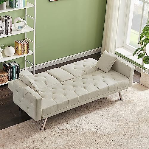3 in 1 Comfy Daybed Loveseat Convertible Sleeper Couch Bed, Linen Tufted Upholstered Futon Love Seat Sofabed W/Drop-Down Cupholders & Metal Legs for Home Office Apartment Compact Space Living Room