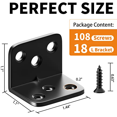 18PCS L Bracket Small Shelf Bracket, Heavy Duty L Brackets for Shelves, Premium Corner Bracket Angle Bracket, Black Metal Corner Brace for Wood Furniture Cabinet +108 Screws (1.5x1.1x1.1 inch)