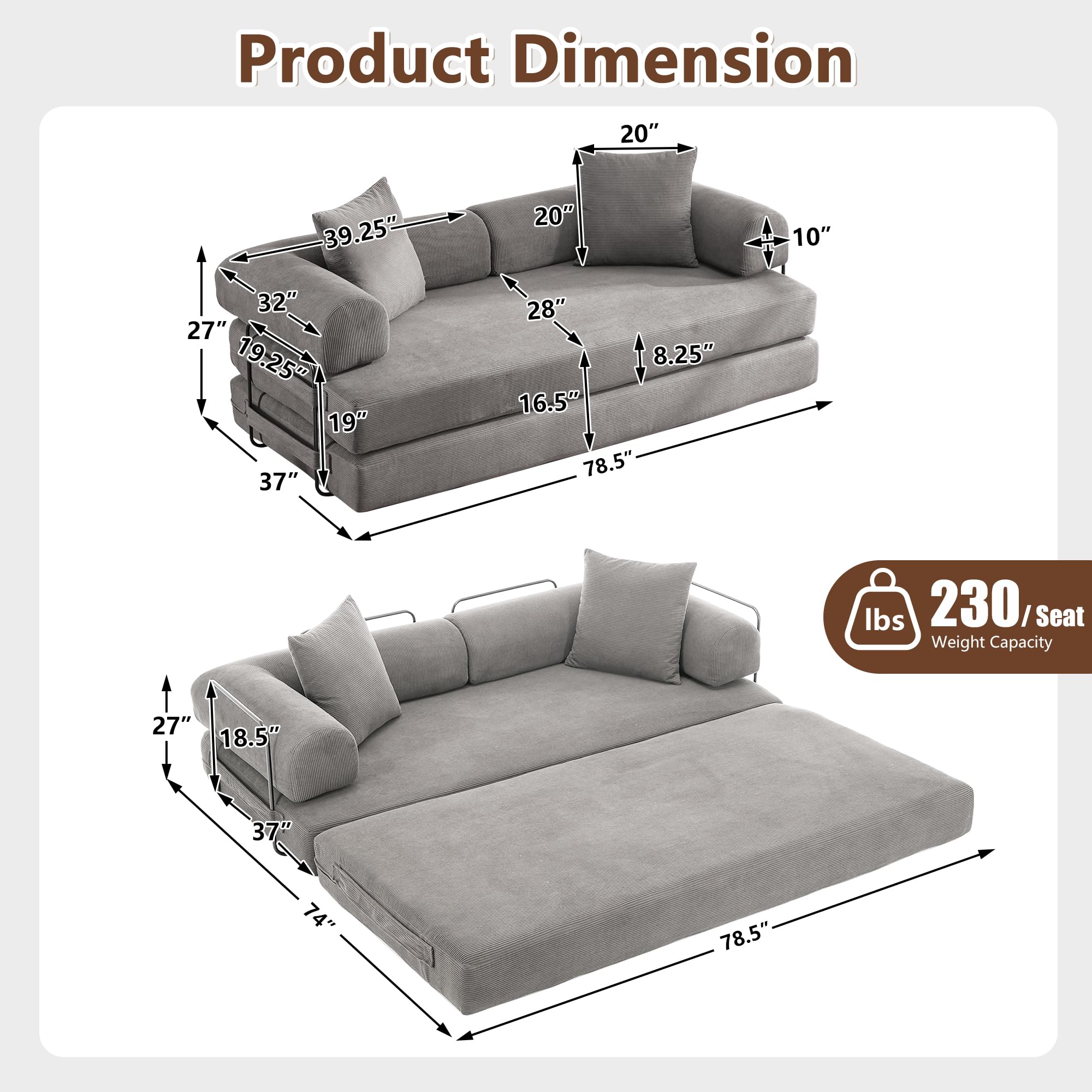 4-in-1 Free Combination Loveseat Convertible Sleeper Sofa Bed Floding Accent Futon Couch Corduroy Modular Sectional Sofa&Couch King Size Floor Daybed for Living Room Apartment Office Furniture