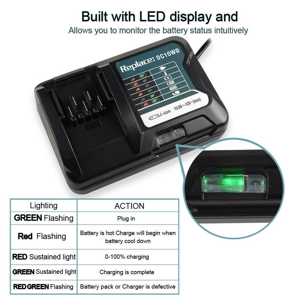 2X BL1021B Battery 12V 2Ah with Charger DC10WD, Replace for 12V Makita Battery BL1021B BL1016 BL1041B 197339-1 197406-2 BL1040 BL1040B BL1015B BL1040 / MP100DZ CG100D JR103DZ DF333DZ TD110D HR140DZ