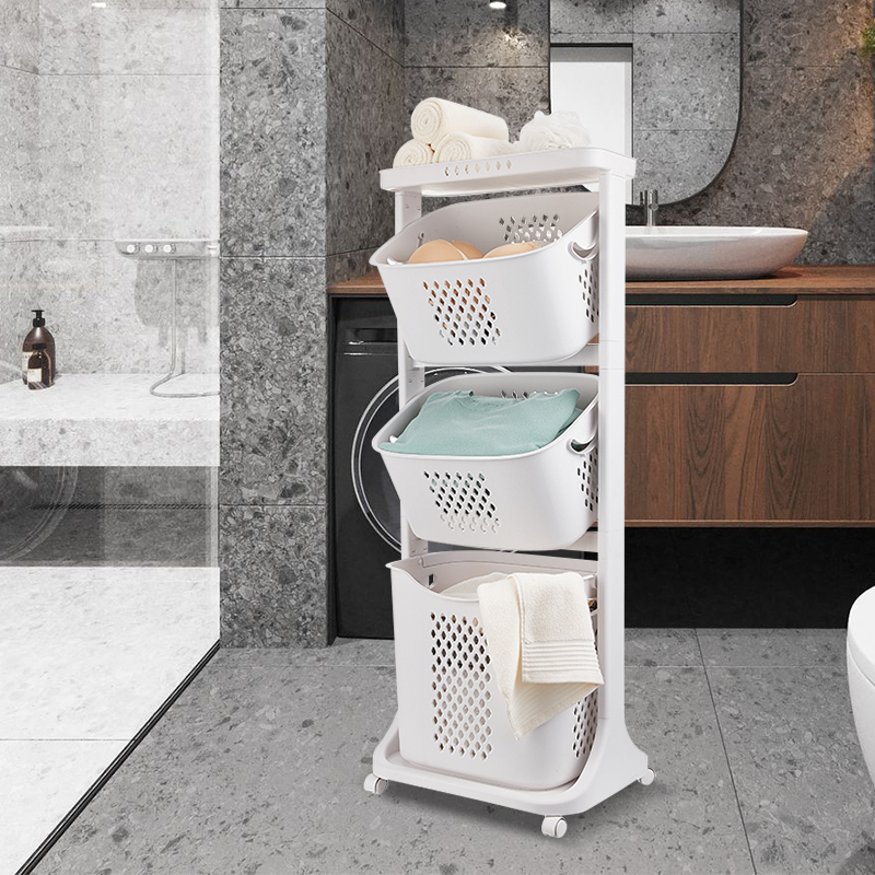 3 Tier Laundry Hamper Basket, Laundry Storage Basket Sorter Clothes Storage Organizer Shelf Rolling Cart 360° Rolling Laundry Storage Basket Dirty Clothes Organizer Shelves Beige
