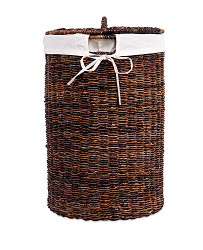 BirdRock Home Abaca Laundry Hamper with Liner - Round Clothes Bin with Lid - Organize Laundry - Cut-Out Handles for Easy Transport - Includes Machine Washable Canvas Liner (Espresso)