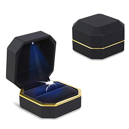 AVESON Luxury Ring Box, Square Velvet Wedding Ring Case Jewelry Gift Box with LED Light for Proposal Engagement Wedding, Black