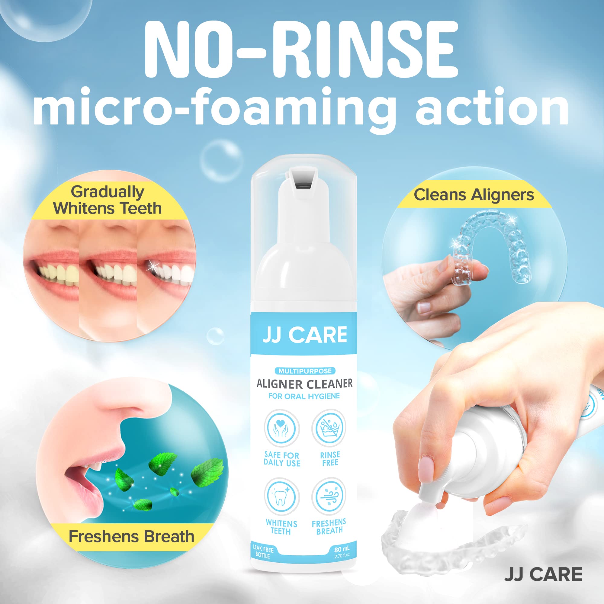 JJ CARE Aligner Cleaner - Pack of 2, 80ml Invisalign Cleaner, Lemon-Flavored Clear Retainer and Aligner Cleaner and Whitener, Kills Bacteria, Whitens Teeth & Fights Bad Breath