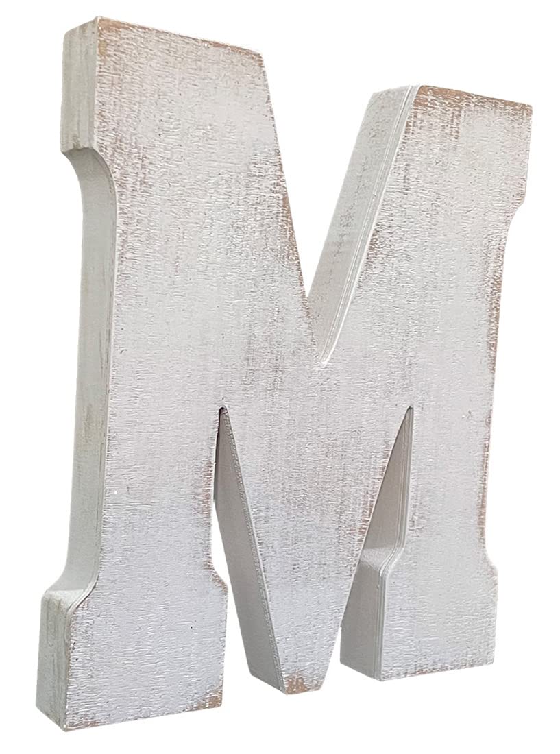 ABELOTS Large Wood Letter Distressed White Wash Alphabet Wall Décor Monogram Letter Alphabet Letters Free Standing Letters Wall Letters (M)