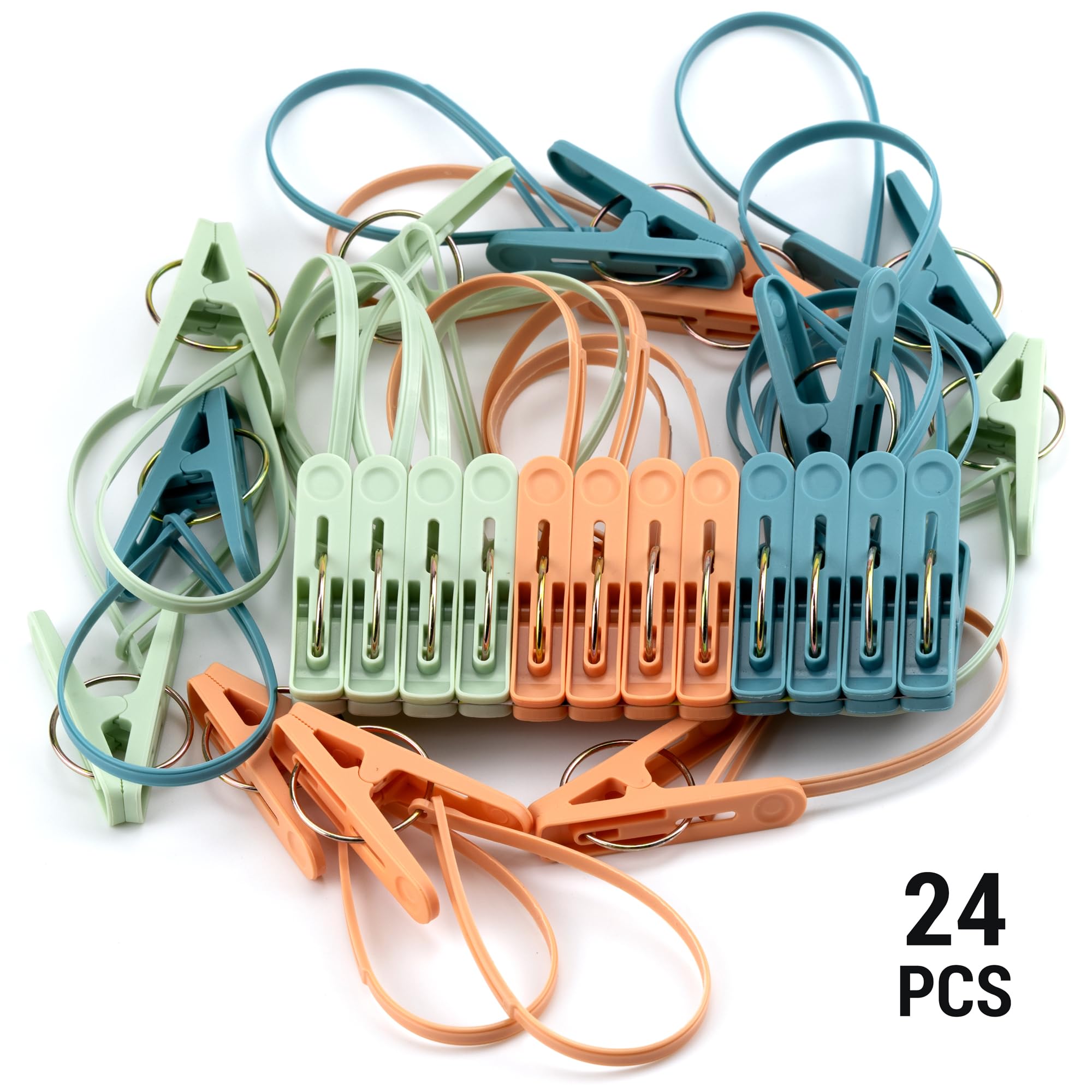 24 Pack Clothes Pins Clothes Peg Clip Pins with Plastic Rope for Clothesline Multicolor Drying Clothing Clips Hooks Windproof Clothes Hanger for Hanging Socks Hats Pants Bras Underwears Towel Photo