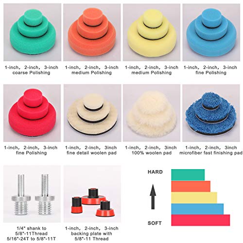 Makitoyo 29 Piece Drill Buffing & Detail Polishing Pad Kit 1-inch,2-inch,3-inch with 5/8"-11 Thread Backing pad & Adapters for Car Sanding, Polishing, Waxing, Sealing Glaze