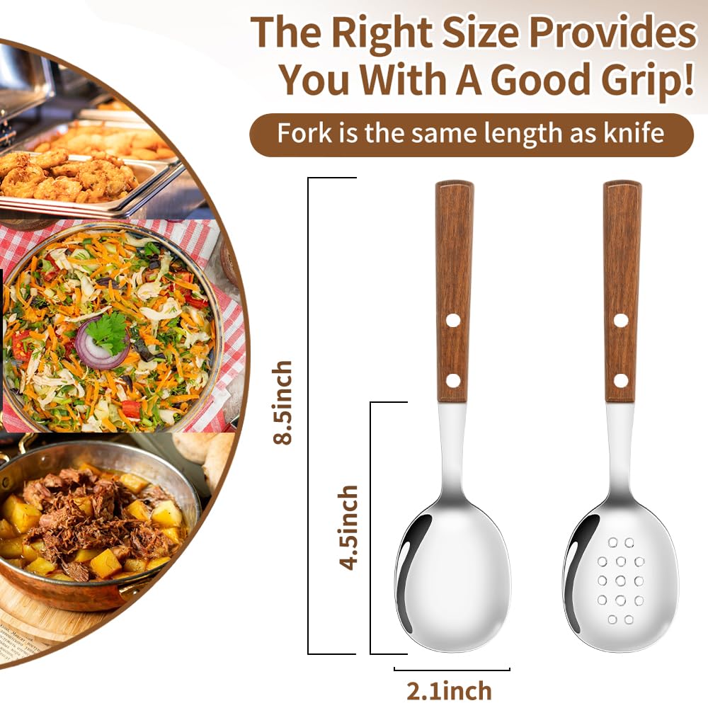 4-Piece Serving Spoons Set - Includes 2 Serving Spoons and 2 Slotted Spoons, 18/8(304) Stainless Steel Buffet Serving Utensils,Stainless Steel Wooden Serving Utensil