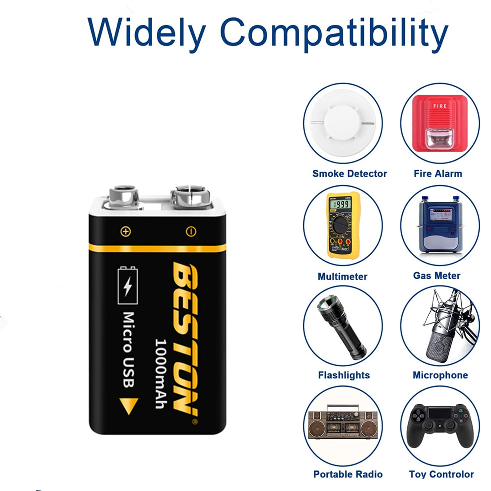 Molo 9V Rechargeable Battery 1000 mah,USB Rechargeable Lithium Batteries - Long Lasting LI-ion Batteries,No Memory Effect-with Micro Charging Cable,Ideal for Any Devices Need 9V Batteries 48x26x17mm