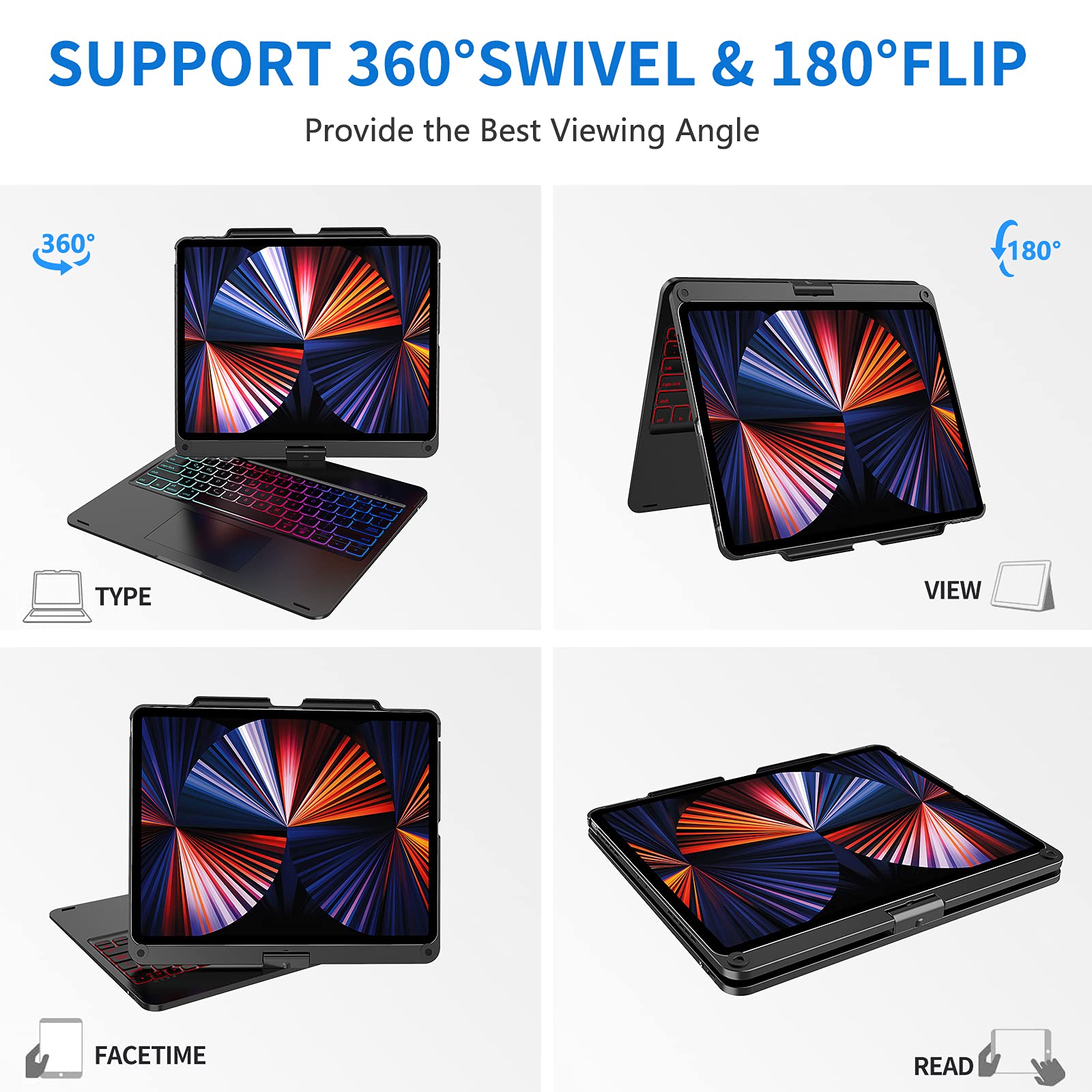 Touchpad Keyboard Case for iPad Pro 12.9 2022 6th Gen/2021 5th Gen/2020 4th Gen/2018 3rd Gen - Backlit Trackpad Keyboard Folio Smart 360° Rotatable Stand Cover,Support Apple Pencil Charging(Black)