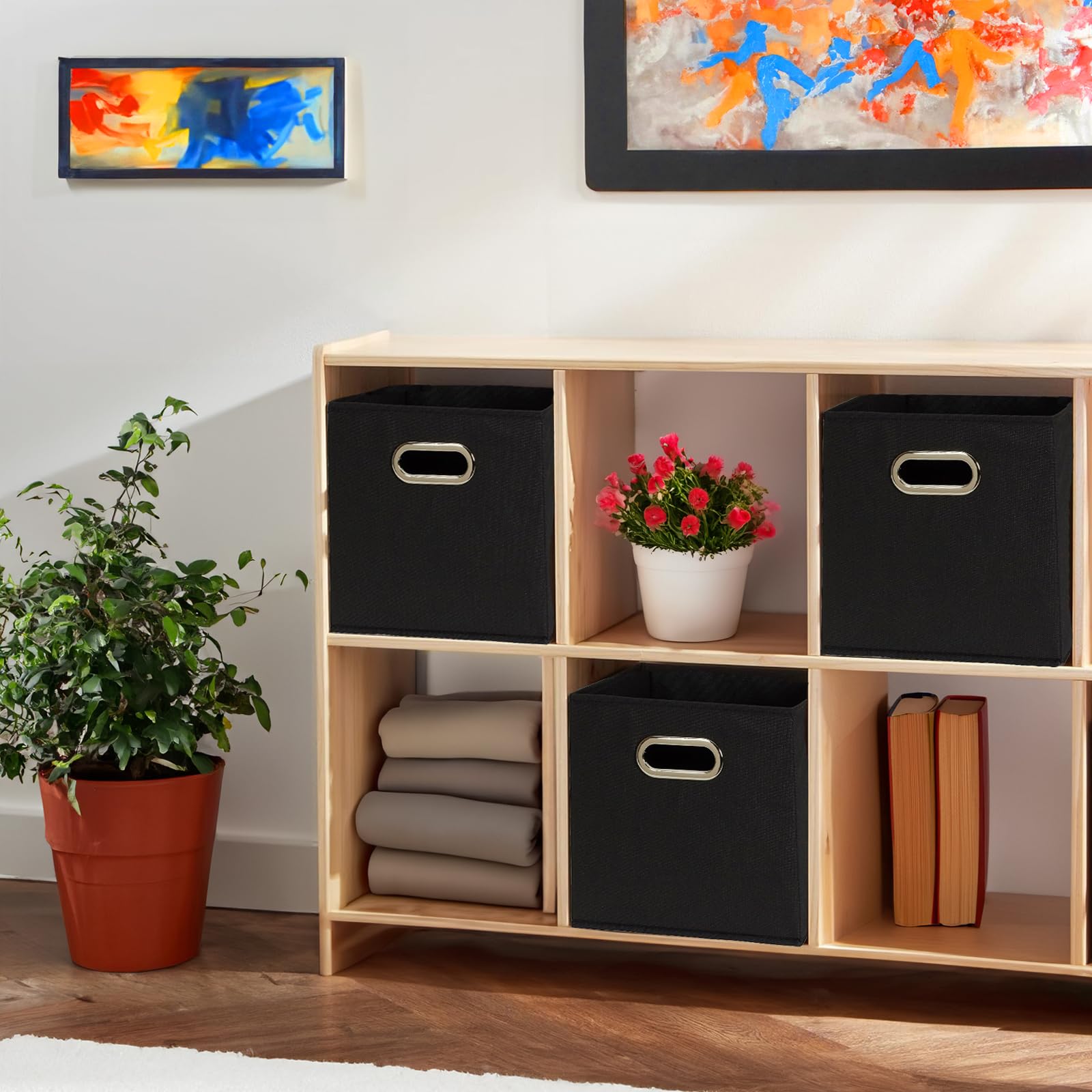 11 Inch Fabric Storage Bins Cubes Sturdy Collapsible Storage Bins & Handle 6 Foldable Baskets for Organizing Clothes Books closet organizer and storage Fabric Storage Cubes for Shelves,Closets Black