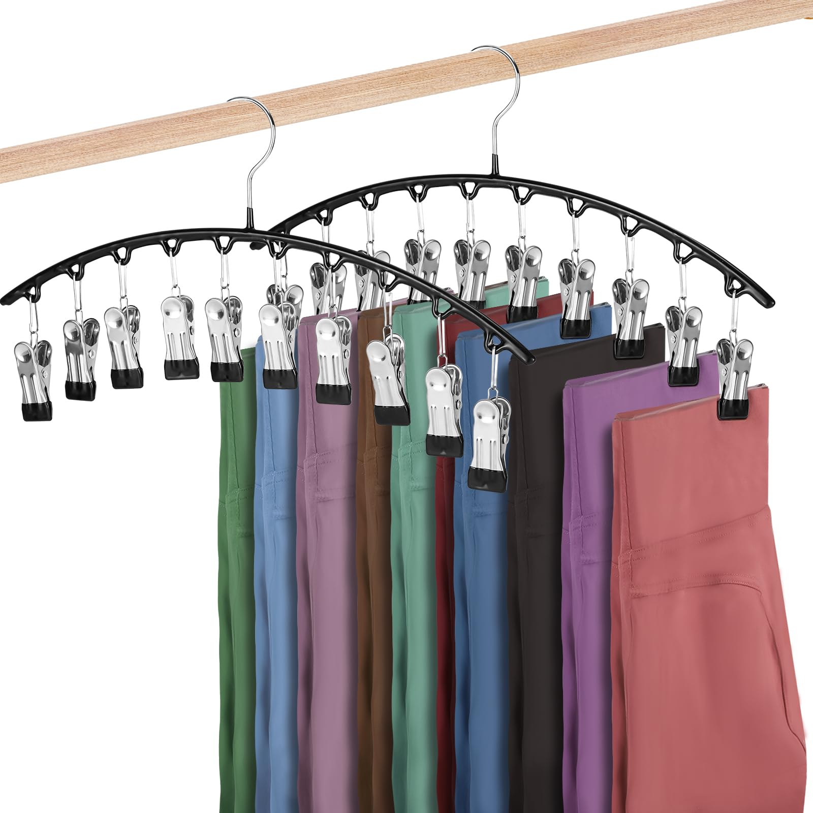 2 Pack Legging Organizer for Closet Hanging, Stainless Steel Clips Hangers for Pants with 10 Clips, Heavey Duty Legging Hangers for Closet Jeans Skirts Bras (Black)
