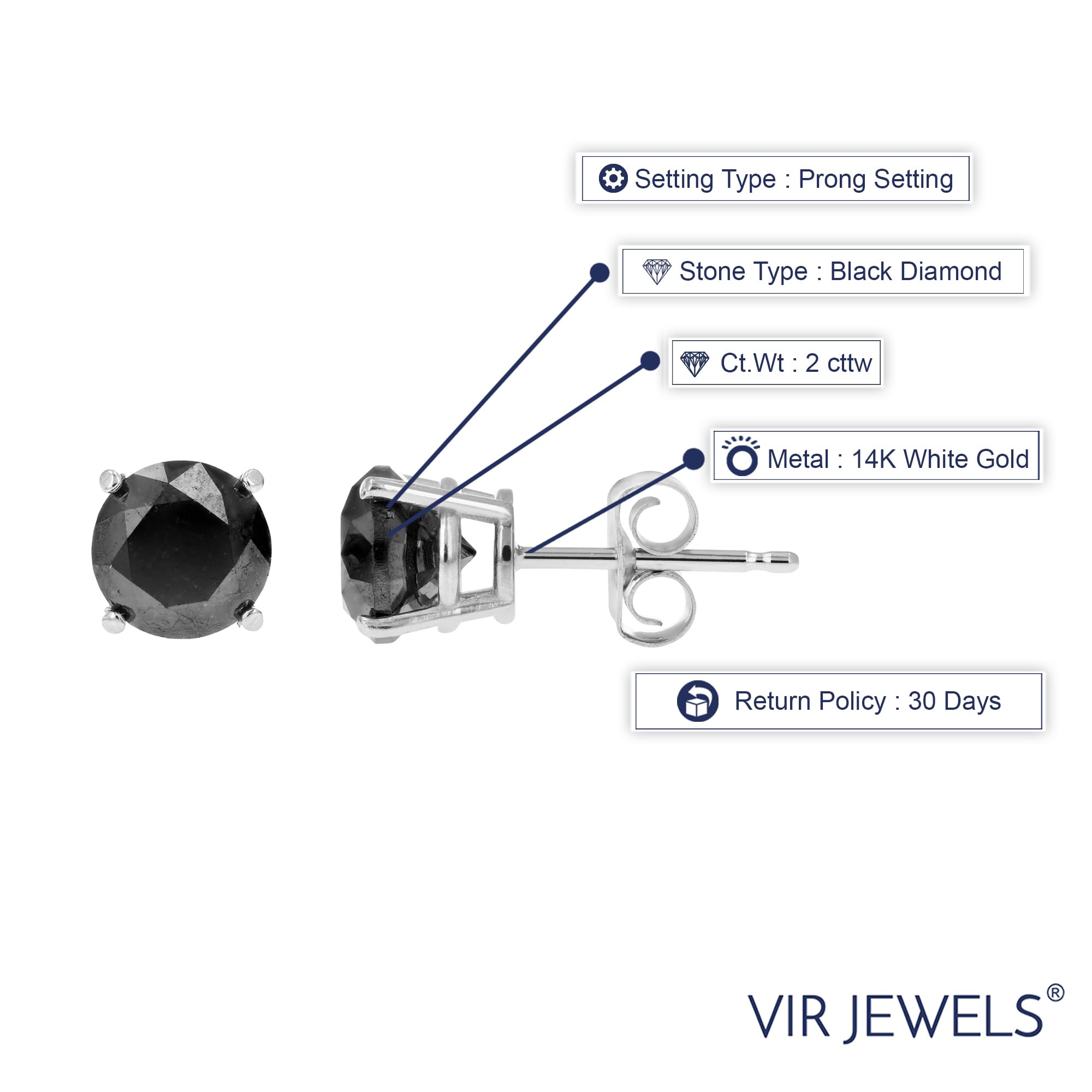 14k White Gold Black Diamond Stud Earrings (2cttw)