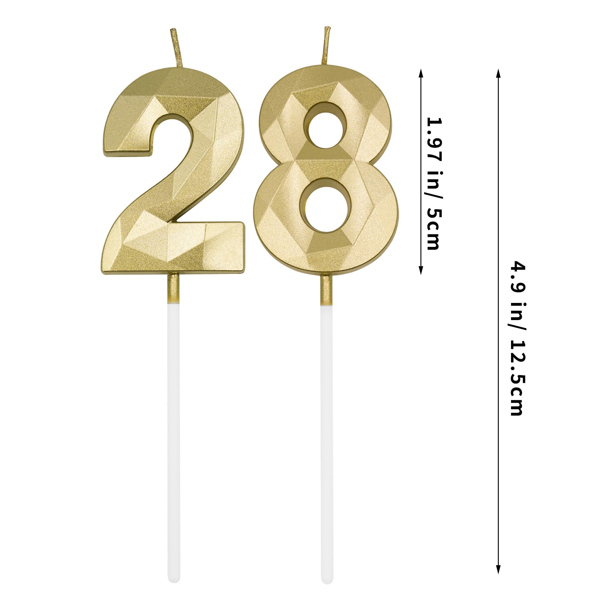 28th & 82nd Birthday Candles for Cake, Gold Number 28 82 3D Diamond Shaped Candle Birthday Decorations Party Supplies for Women or Men